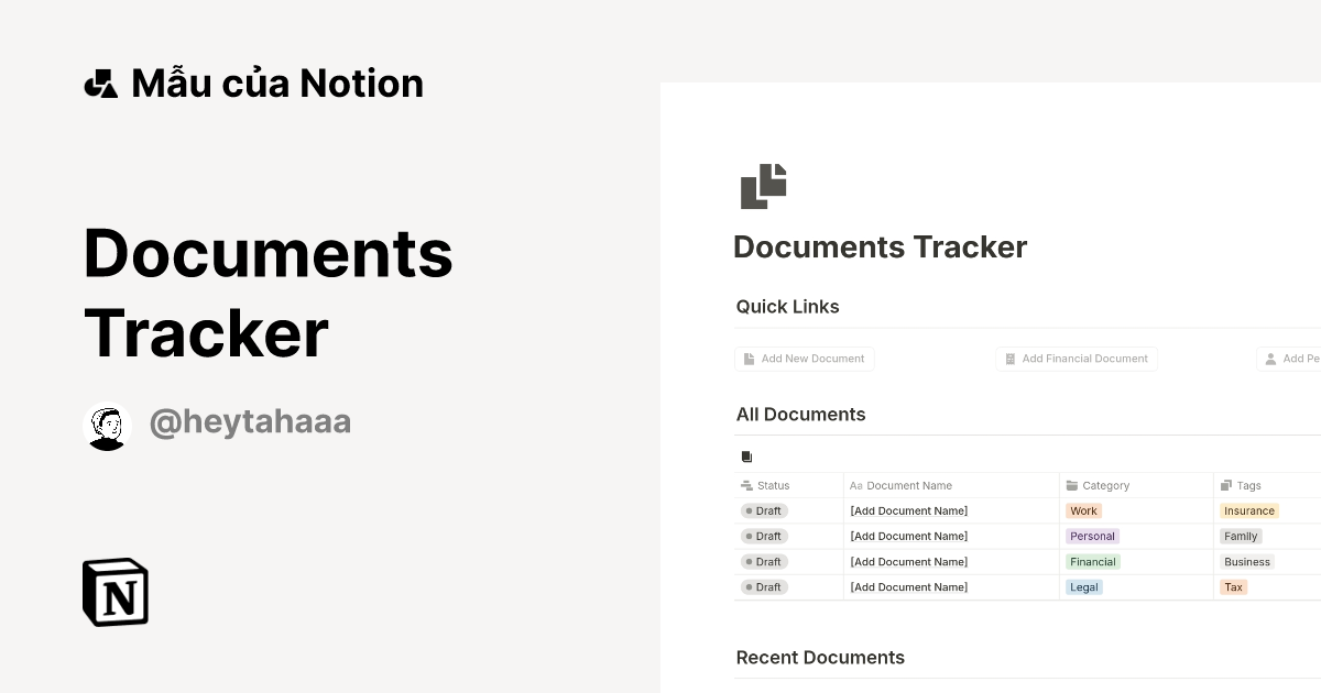 Documents Tracker Mẫu do Heytahaaa tạo | Thị trường Notion