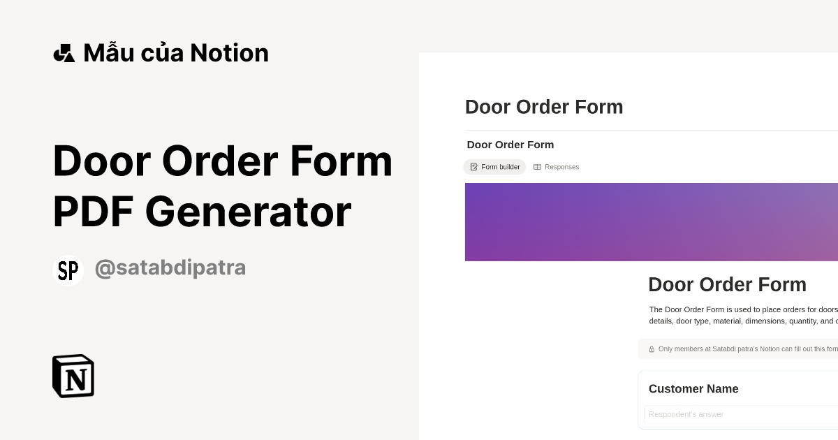Door Order Form PDF Generator Mẫu do Satabdi Patra tạo | Thị trường Notion