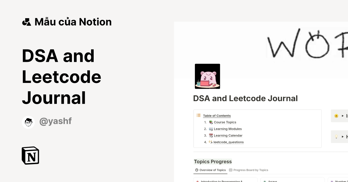 DSA and Leetcode Journal Mẫu do Yash Fataniya tạo | Thị trường Notion