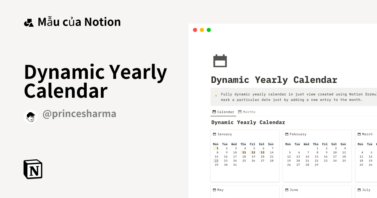 Mẫu Dynamic Yearly Calendar | Thị trường Notion