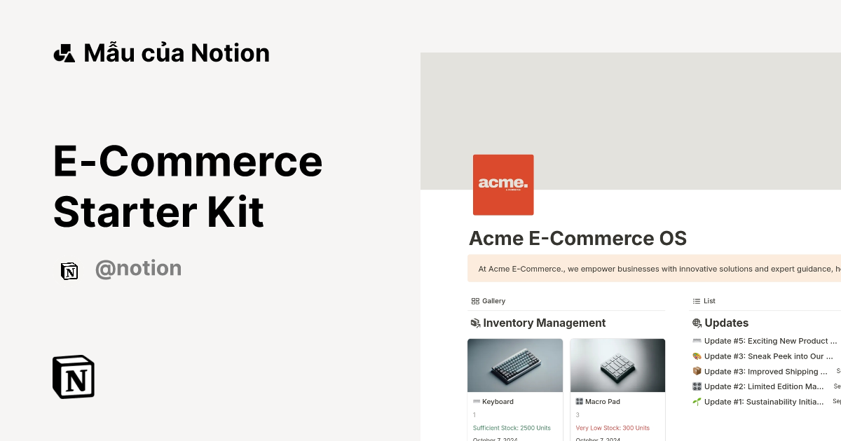 E-Commerce Starter Kit Mẫu do Notion tạo | Thị trường Notion