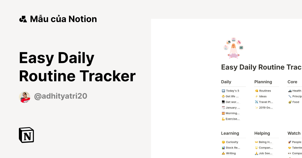 Easy Daily Routine Tracker Mẫu do Adhitya Tri Arifianto tạo | Thị trường Notion