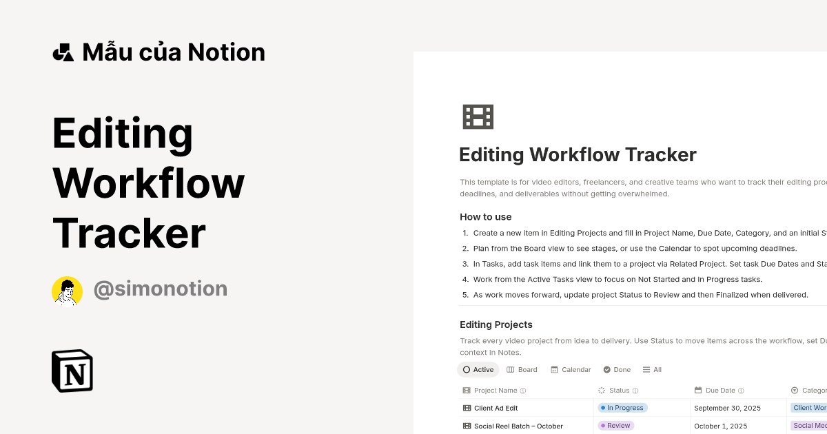 Mẫu Editing Workflow Tracker | Thị trường Notion