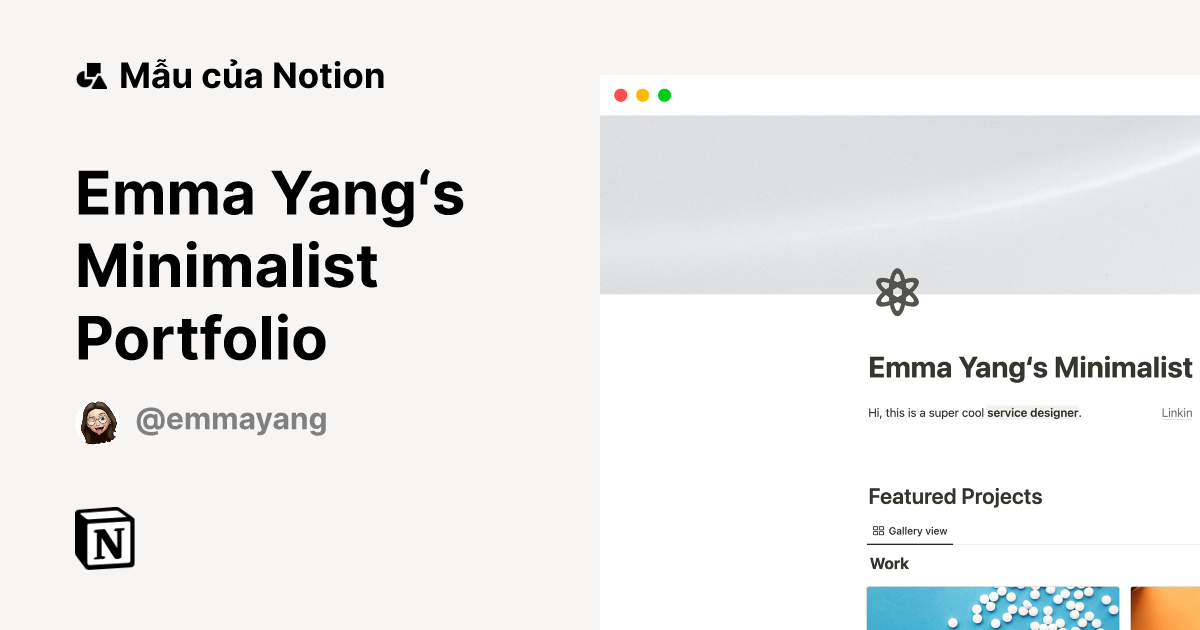 Mẫu Emma Yang‘s Minimalist Portfolio | Thị trường Notion
