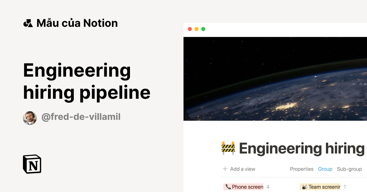 Engineering hiring pipeline Mẫu do Fred de Villamil tạo | Thị trường Notion
