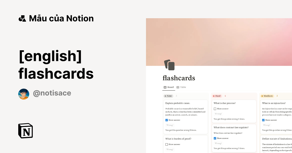 [english] flashcards Mẫu do notisace tạo | Thị trường Notion