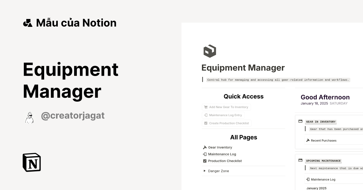 Mẫu Equipment Manager | Thị trường Notion