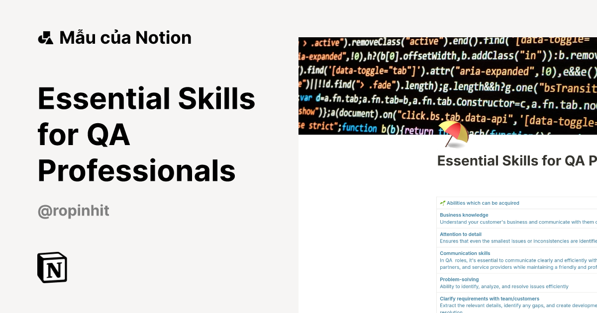 Essential Skills for QA Professionals Mẫu do Togepi Ropinhit tạo | Thị trường Notion