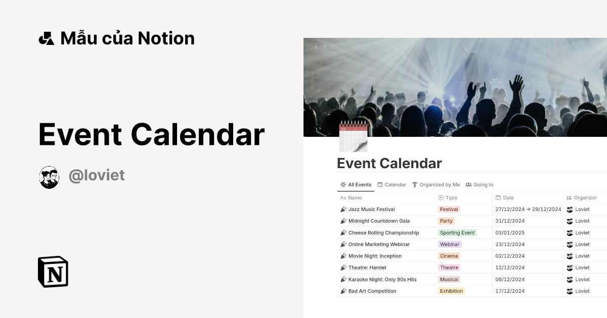 Mẫu Event Calendar | Thị trường Notion