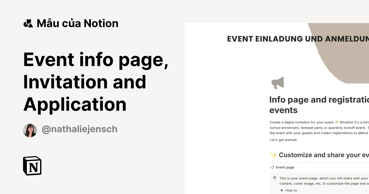 Event info page, Invitation and Application Mẫu do Nathalie Jensch tạo | Thị trường Notion