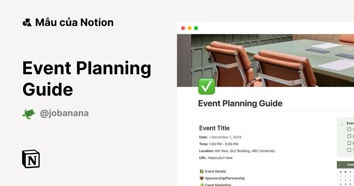 Event Planning Guide Mẫu do Jo tạo | Thị trường Notion