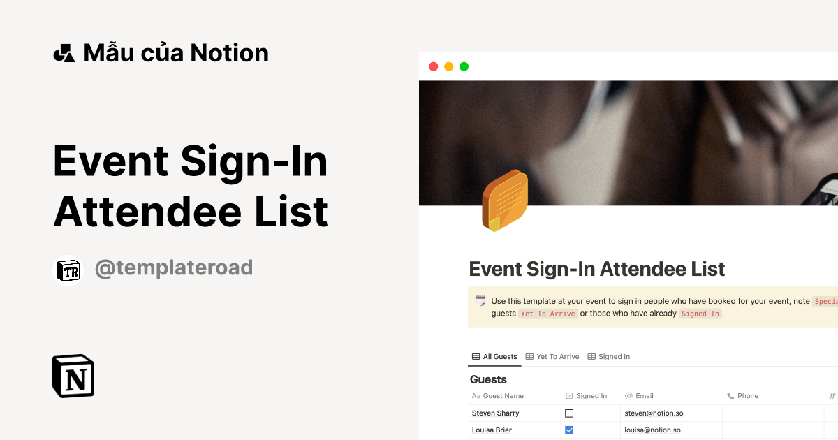 Event Sign-In Attendee List Mẫu do Template Road tạo | Thị trường Notion