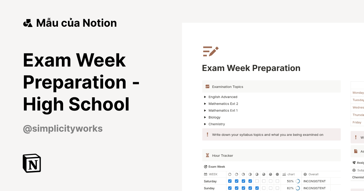 Mẫu Exam Week Preparation - High School | Thị trường Notion