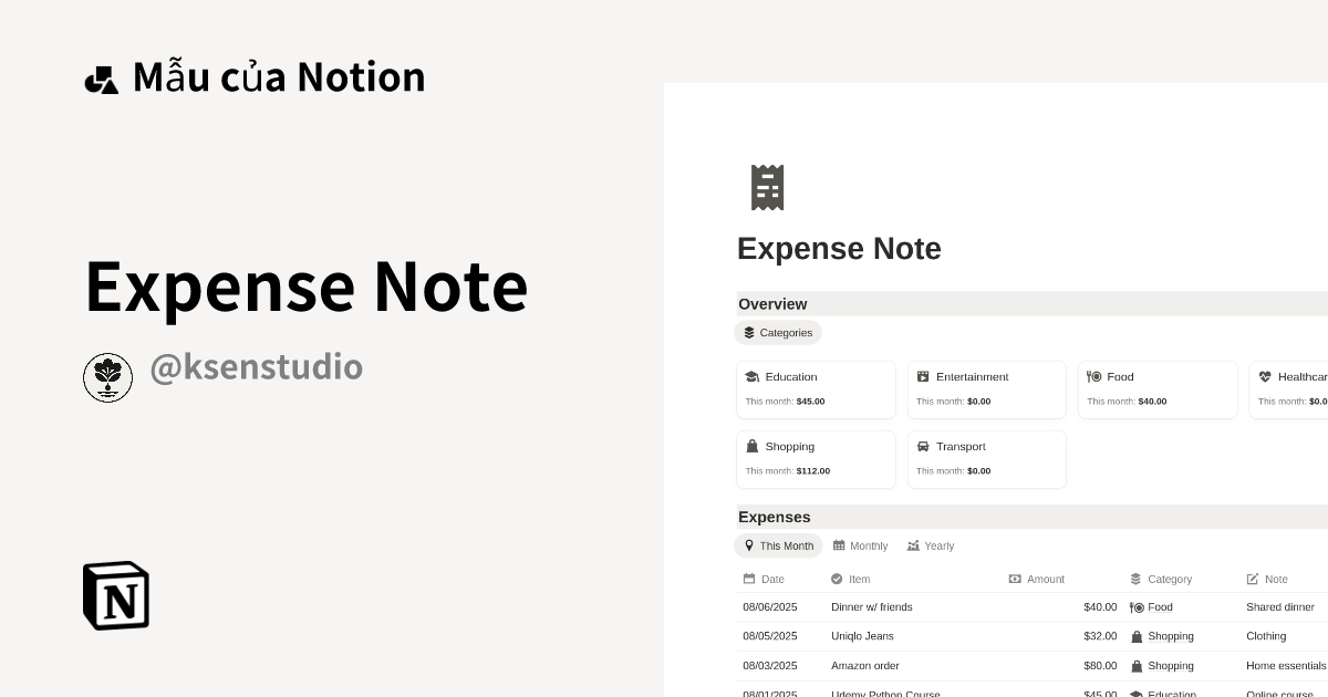 Mẫu Expense Note | Thị trường Notion