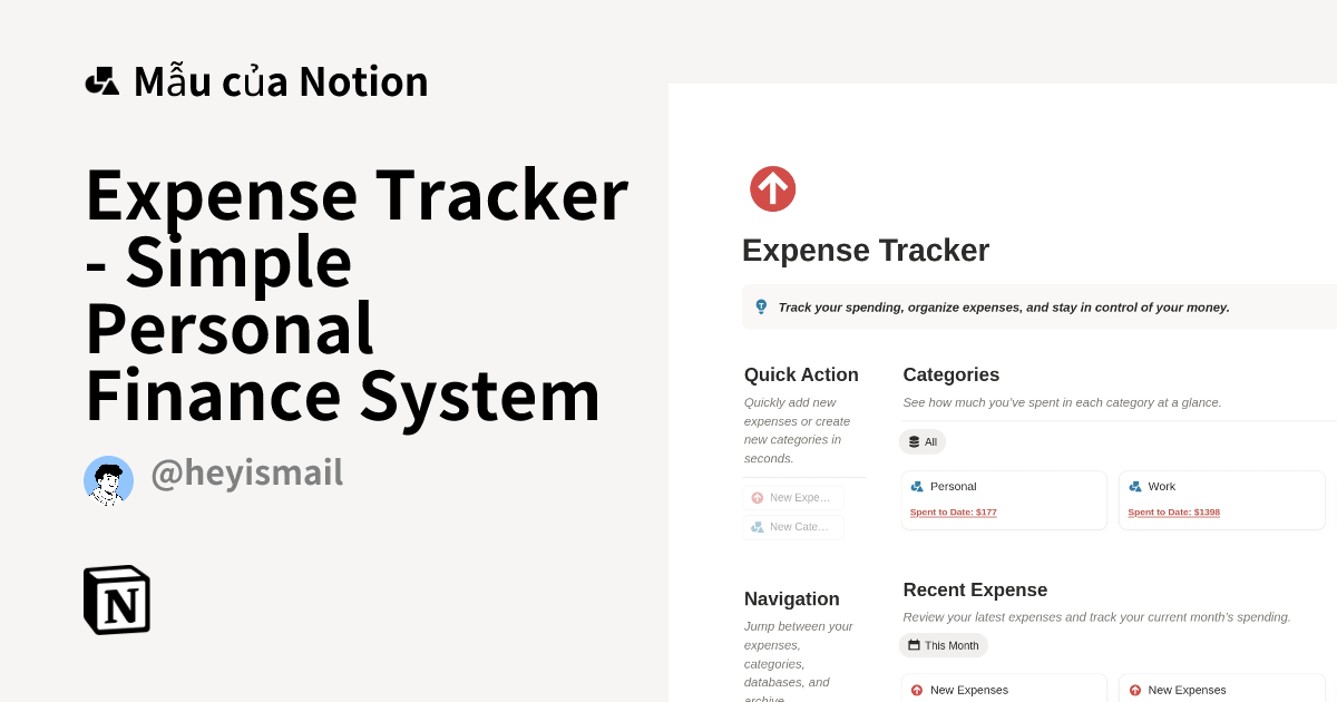 Mẫu Expense Tracker - Simple Personal Finance System | Thị trường Notion
