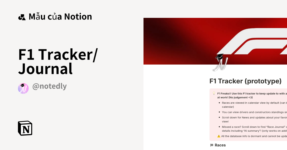 F1 Tracker/Journal Mẫu do Notedly tạo | Thị trường Notion