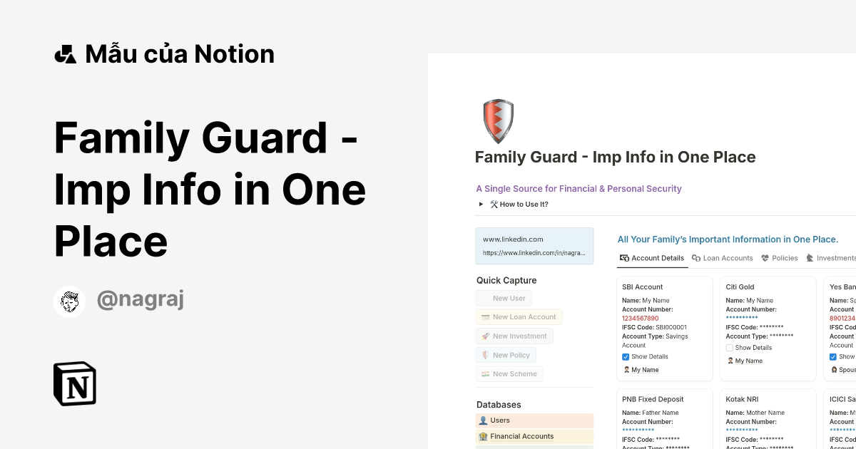 Mẫu Family Guard - Imp Info in One Place | Thị trường Notion