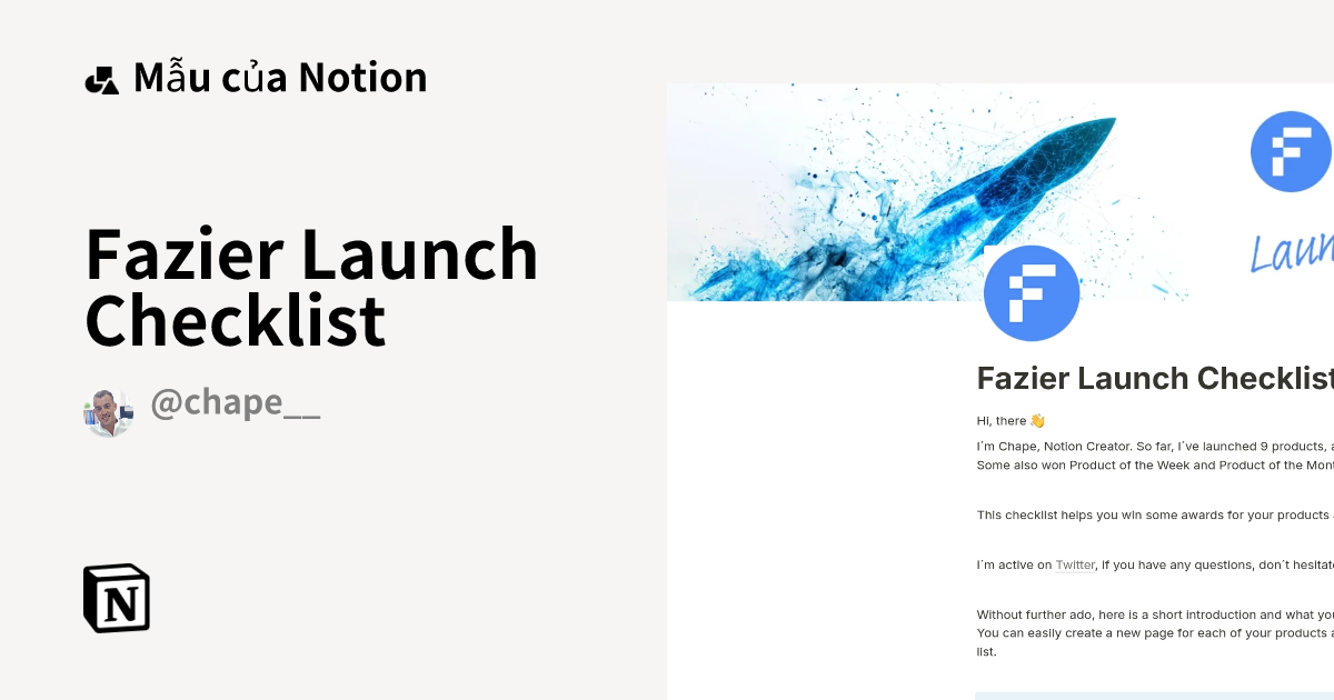 Mẫu Fazier Launch Checklist | Thị trường Notion