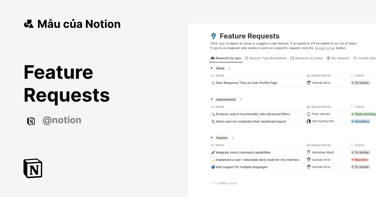 Mẫu Feature Requests 2026 | Thị trường Notion