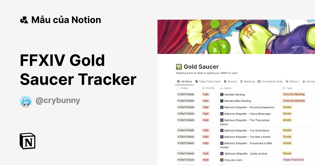 FFXIV Gold Saucer Tracker Mẫu do Crybunny tạo | Thị trường Notion