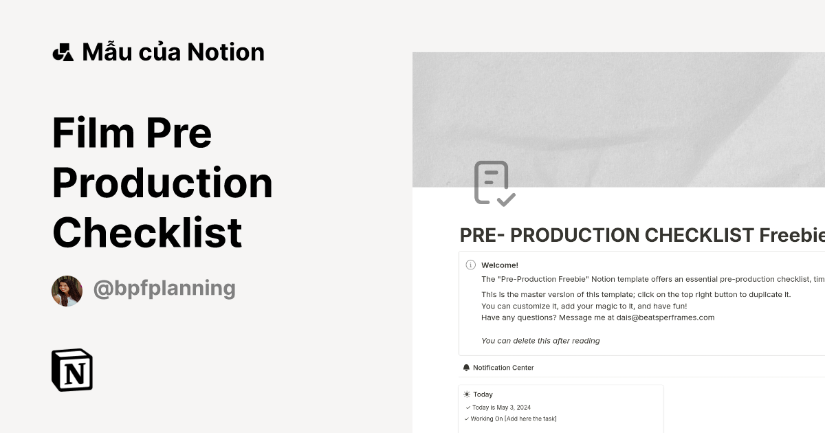 Mẫu Film Pre Production Checklist | Thị trường Notion