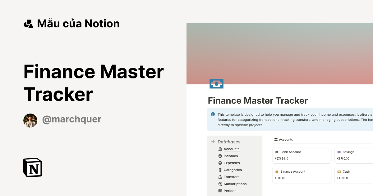 Finance Master Tracker Mẫu do Marc Hernández tạo | Thị trường Notion