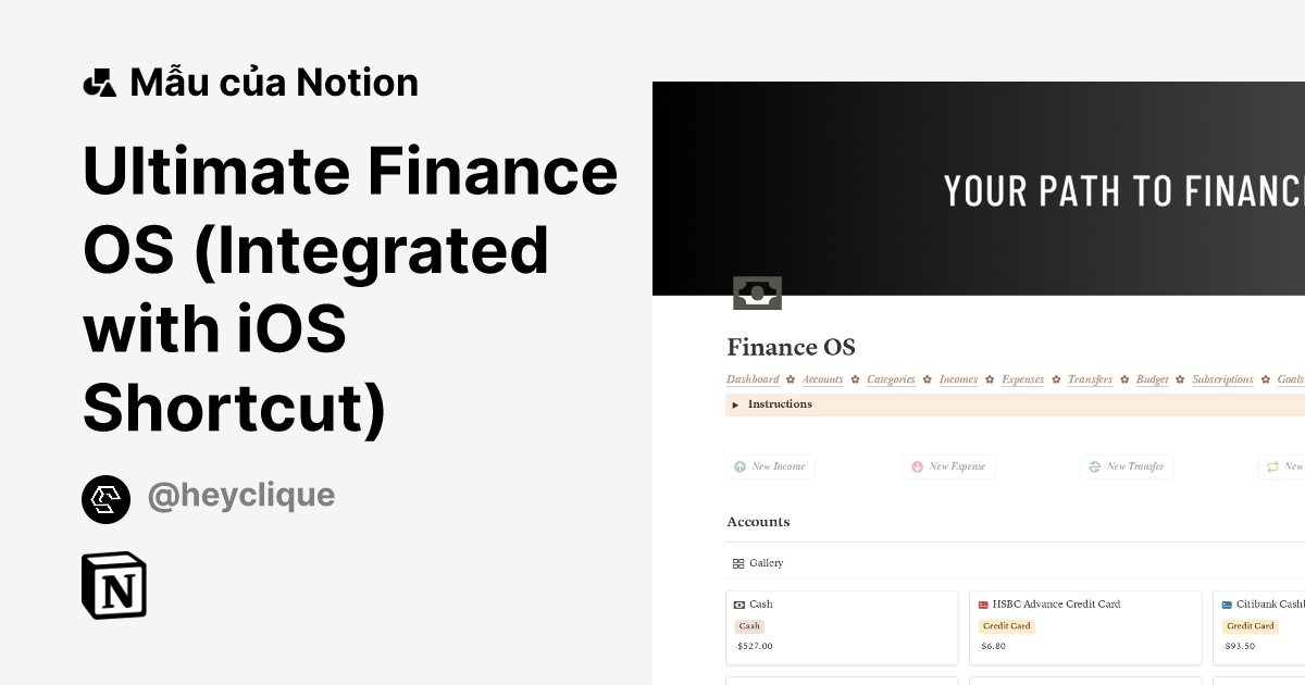 Ultimate Finance OS (Integrated with iOS Shortcut) Mẫu do CLIQUE tạo | Thị trường Notion