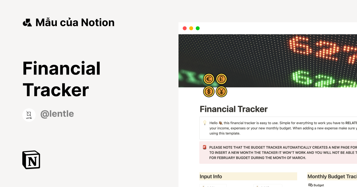 Financial Tracker Mẫu do Lentle tạo | Thị trường Notion
