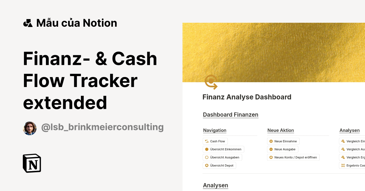 Finanz- & Cash Flow Tracker extended Mẫu do LSB_BrinkmeierConsulting tạo | Thị trường Notion