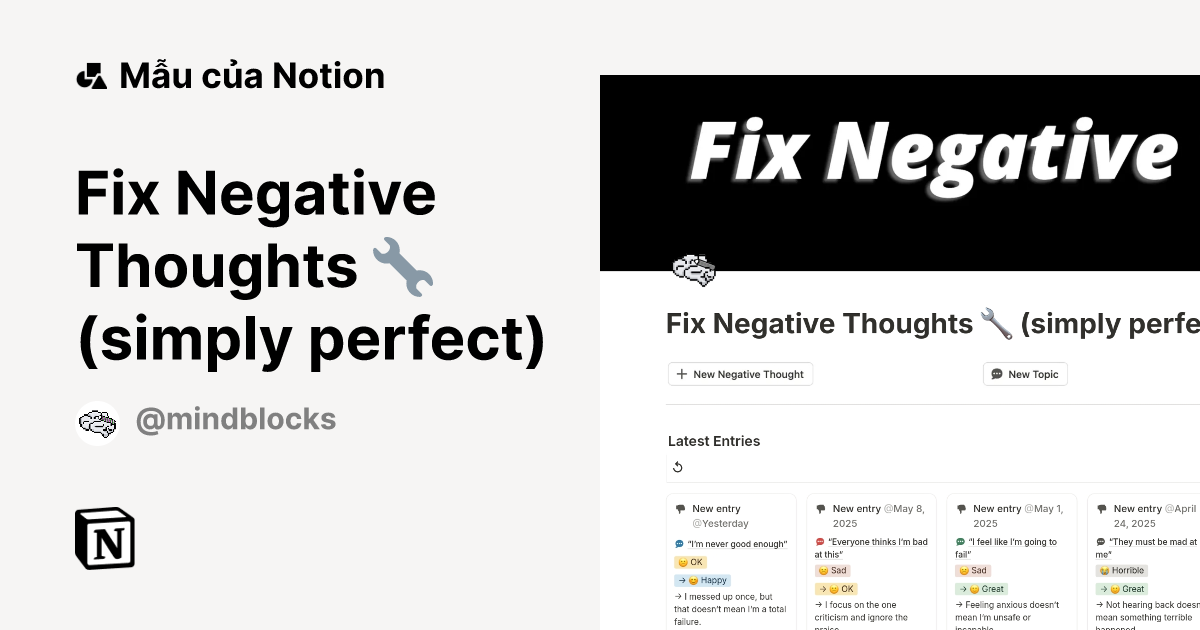 Mẫu Fix Negative Thoughts 🔧 (simply perfect) | Thị trường Notion