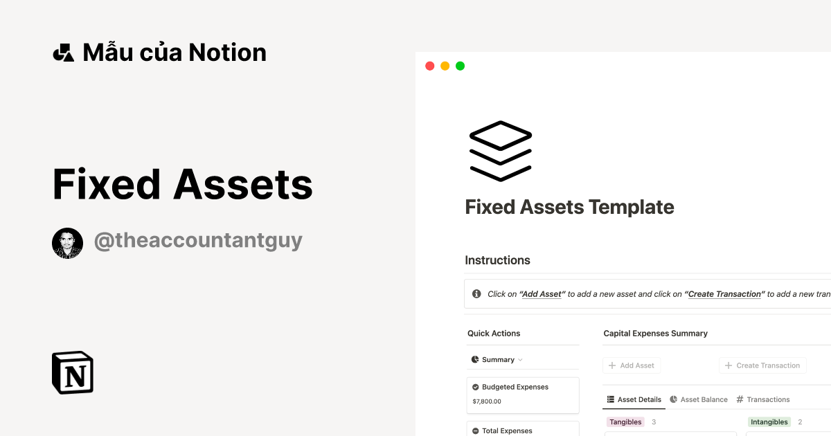 Mẫu Fixed Assets | Thị trường Notion