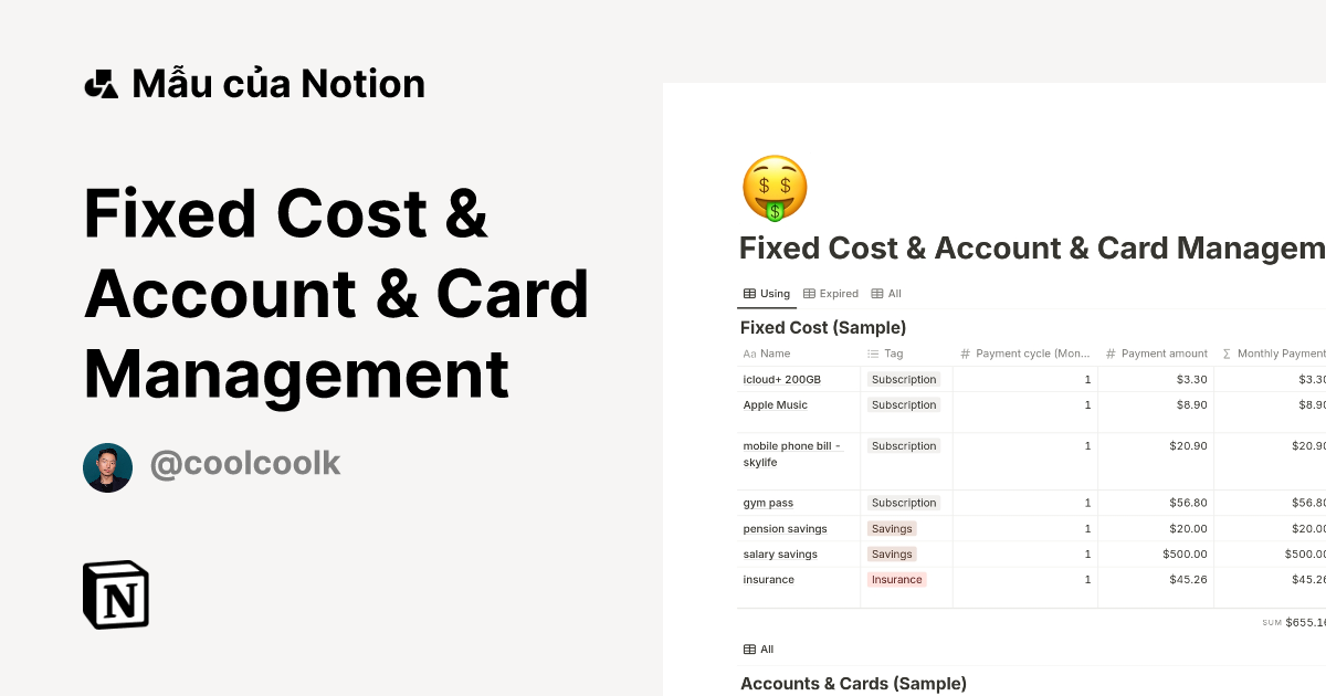Mẫu Fixed Cost & Account & Card Management | Thị trường Notion