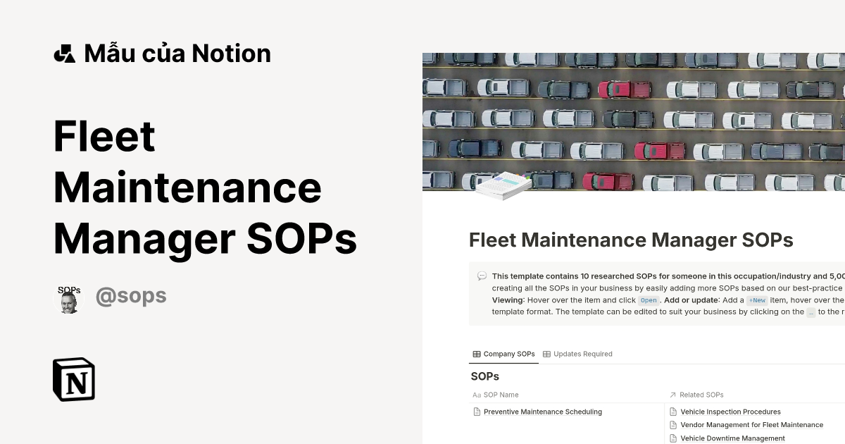 Mẫu Fleet Maintenance Manager SOPs | Thị trường Notion