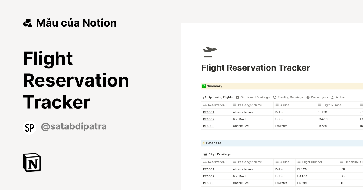 Mẫu Flight Reservation Tracker | Thị trường Notion