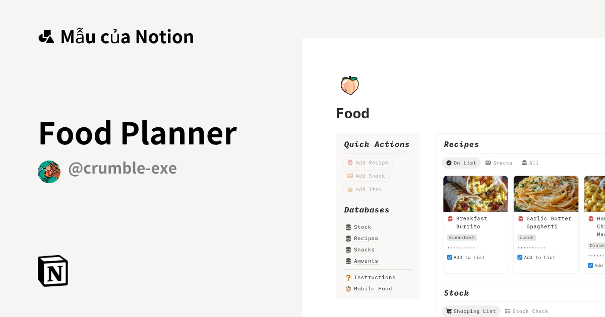 Food Planner Mẫu do crumble.exe tạo | Thị trường Notion