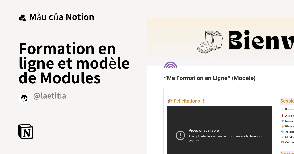 Mẫu Formation en ligne et modèle de Modules | Thị trường Notion