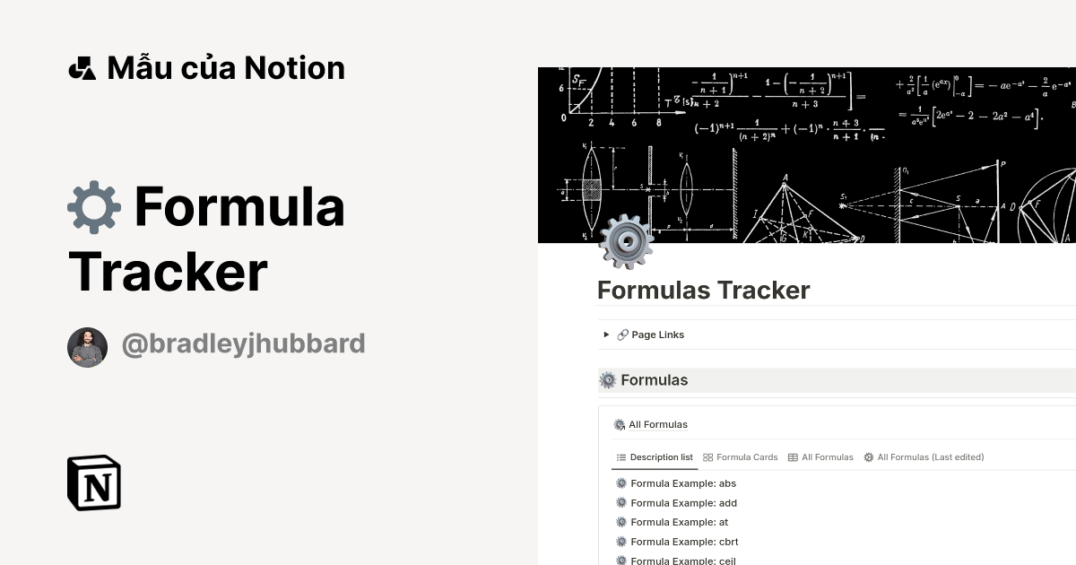 Mẫu ⚙ Formula Tracker | Thị trường Notion