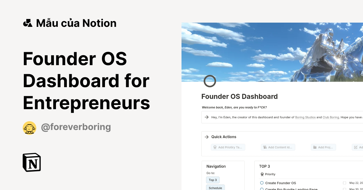 Mẫu Founder OS Dashboard for Entrepreneurs | Thị trường Notion