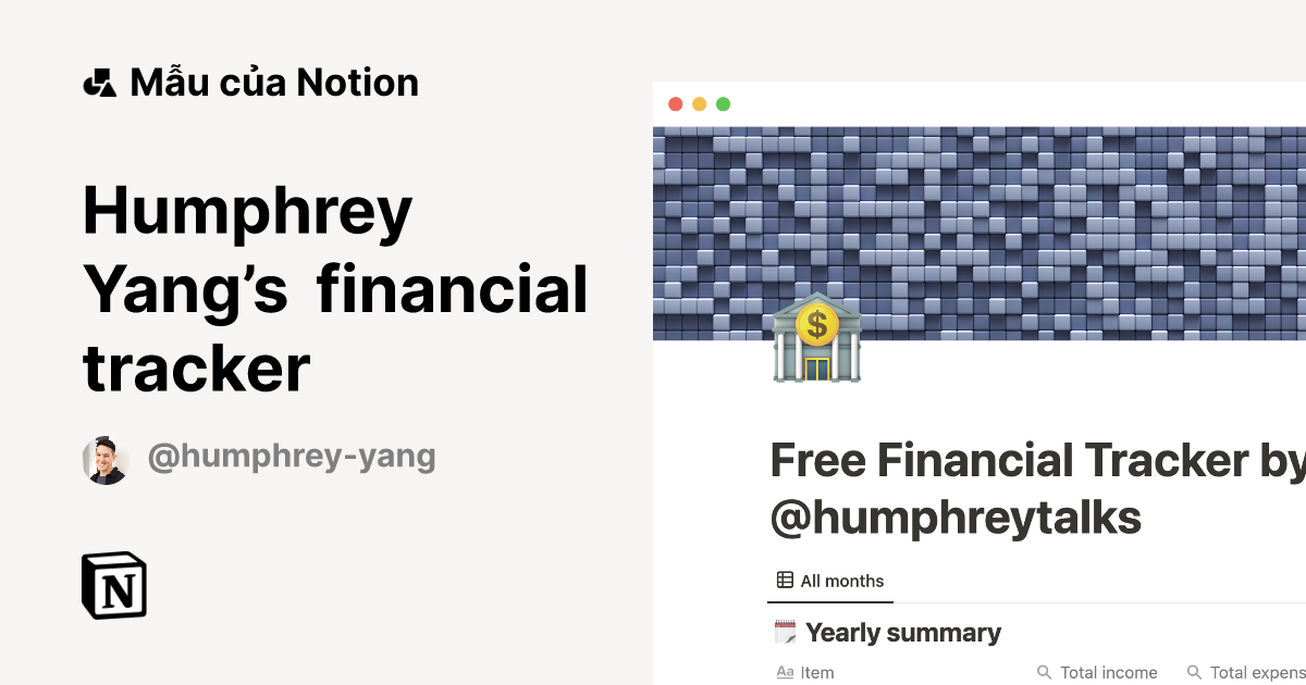 Humphrey Yang’s financial tracker Mẫu do Humphrey Yang tạo | Thị trường Notion