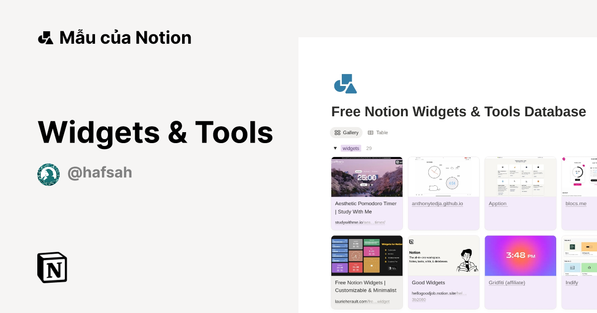 Widgets & Tools Mẫu do Hafsah I tạo | Thị trường Notion