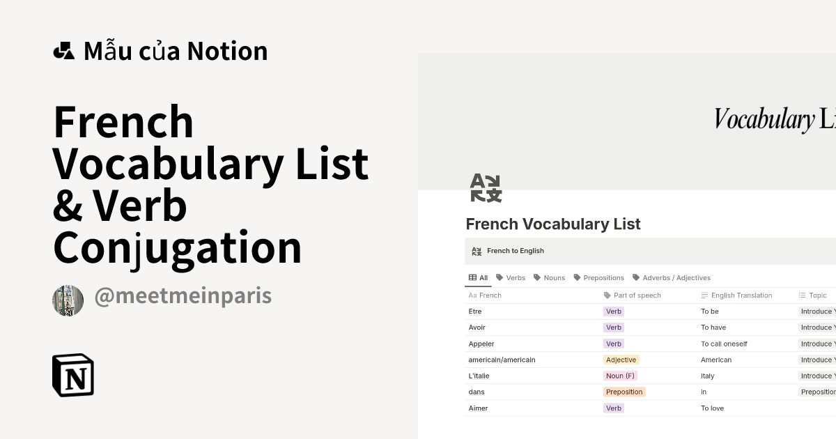 French Vocabulary List & Verb Conjugation Mẫu do Meet me in Paris tạo ...