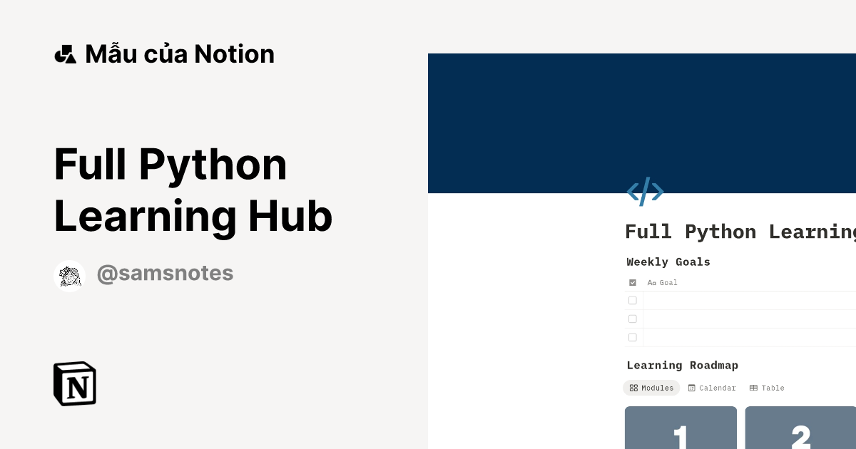 Full Python Learning Hub Mẫu do Sam's Notes tạo | Thị trường Notion