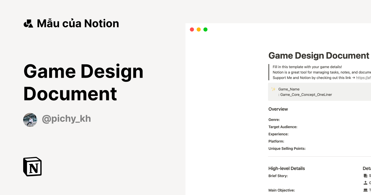 Game Design Document Mẫu do pichy_kh tạo | Thị trường Notion