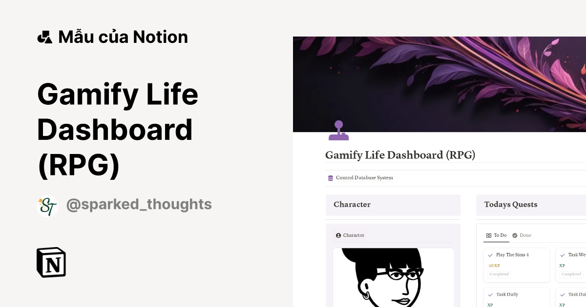 Gamify Life Dashboard (RPG) Mẫu do Sparked Thoughts tạo | Thị trường Notion