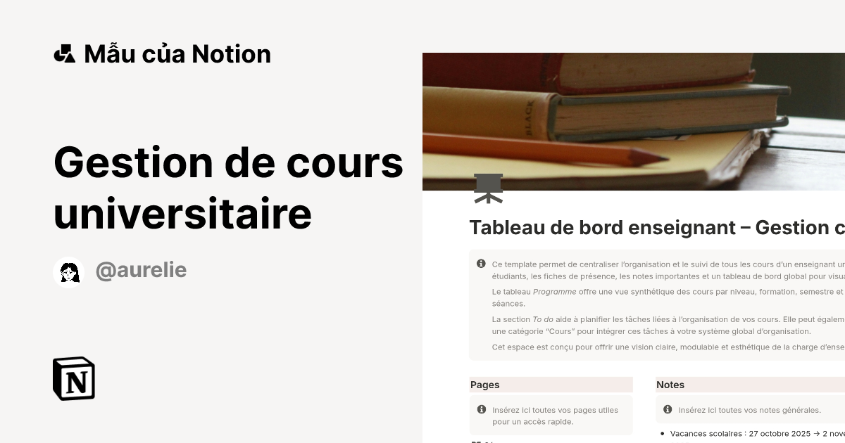 Mẫu Gestion de cours universitaire | Thị trường Notion
