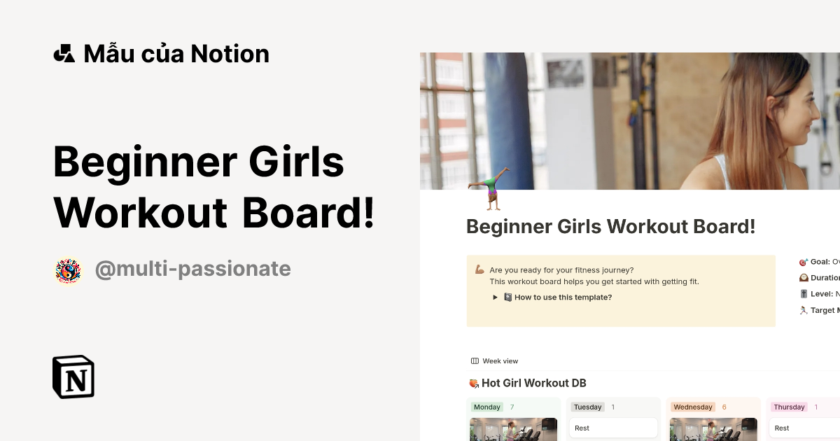 Mẫu Beginner Girls Workout Board! | Thị trường Notion