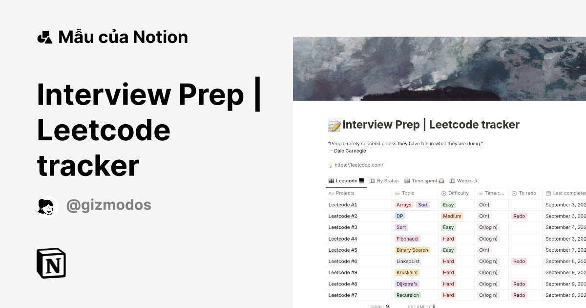 Interview Prep | Leetcode tracker Mẫu do Gizmodos tạo | Thị trường Notion