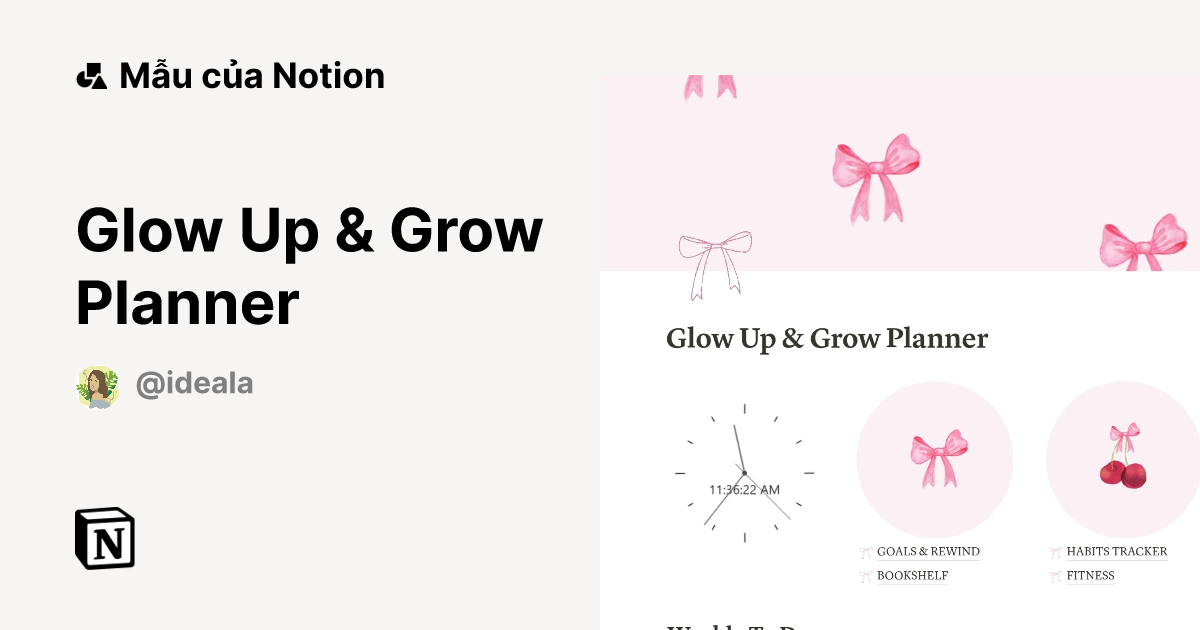 Glow Up & Grow Planner Mẫu do IdeaLa tạo | Thị trường Notion