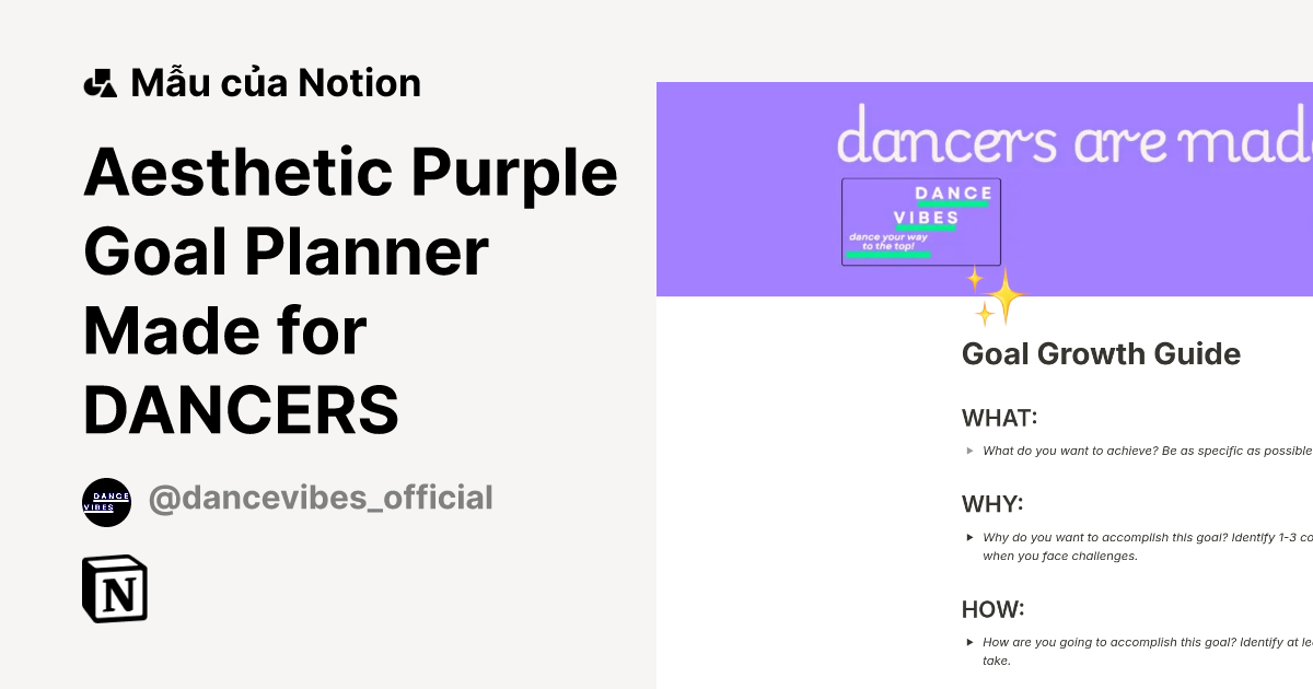Mẫu Aesthetic Purple Goal Planner Made for DANCERS | Thị trường Notion