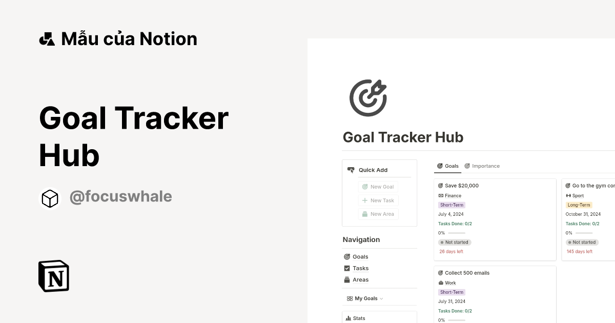 Goal Tracker Hub Mẫu do FocusWhale tạo | Thị trường Notion
